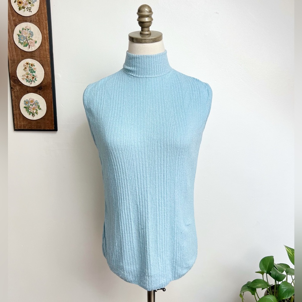 1960’s Baby Blue Ribbed Knit Sleeveless Turtleneck Kn… - Gem
